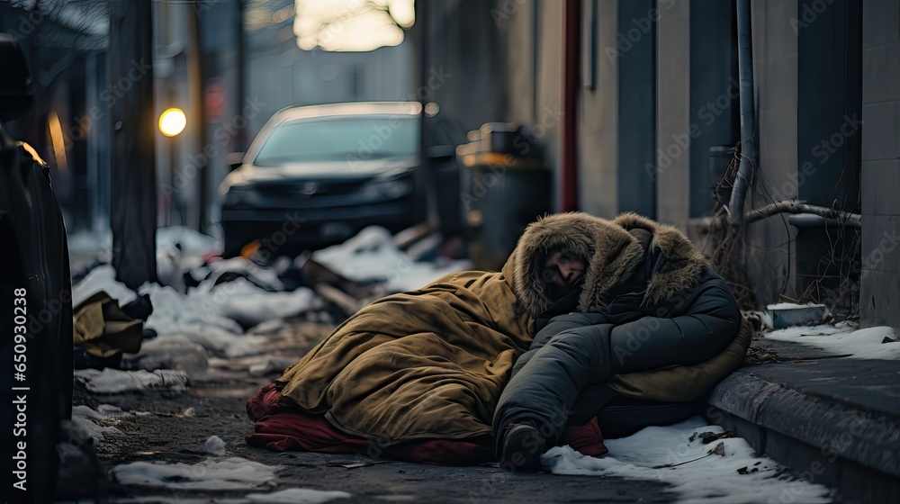 A poignant image captures a homeless man sleeping on city streets ...