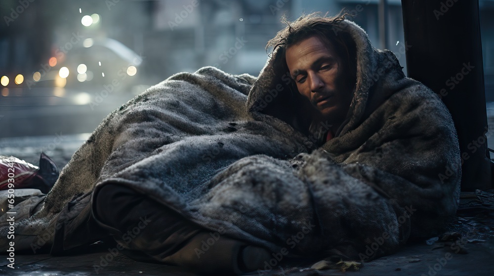 A poignant image captures a homeless man sleeping on city streets ...