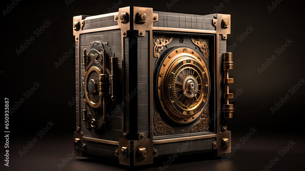 A detailed image of a securely locked, classic safe, illustrating the ...