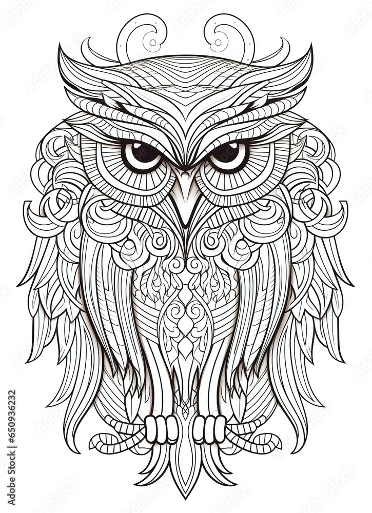 Owl Coloring Page for Adults, Full-Body Owl with Doodles for Relaxation ...
