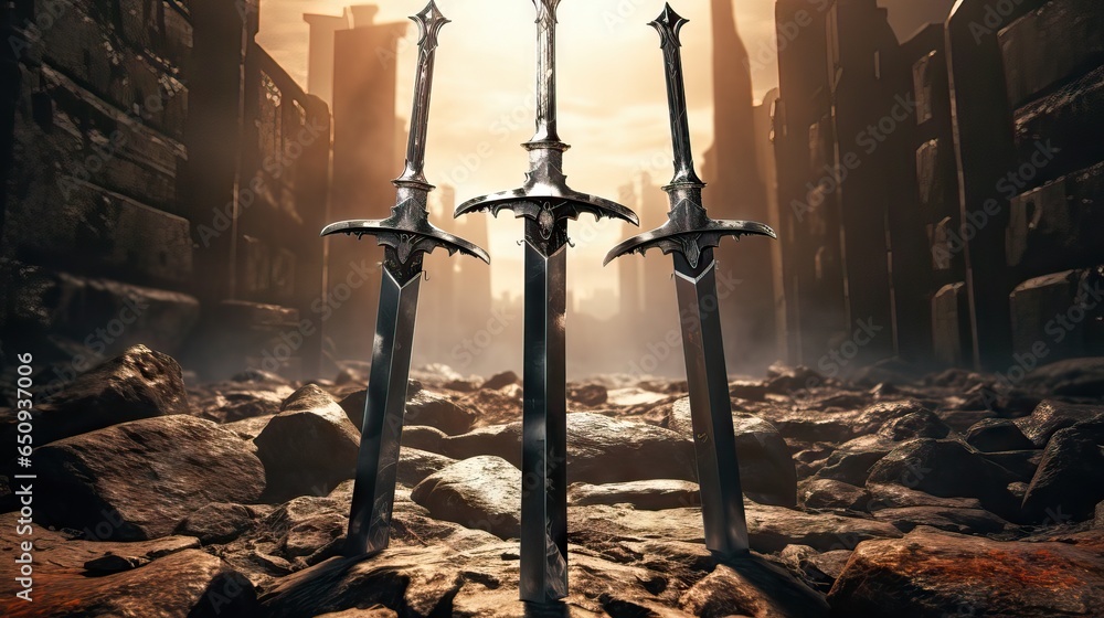 An evocative illustration of swords embedded in the earth, representing ...