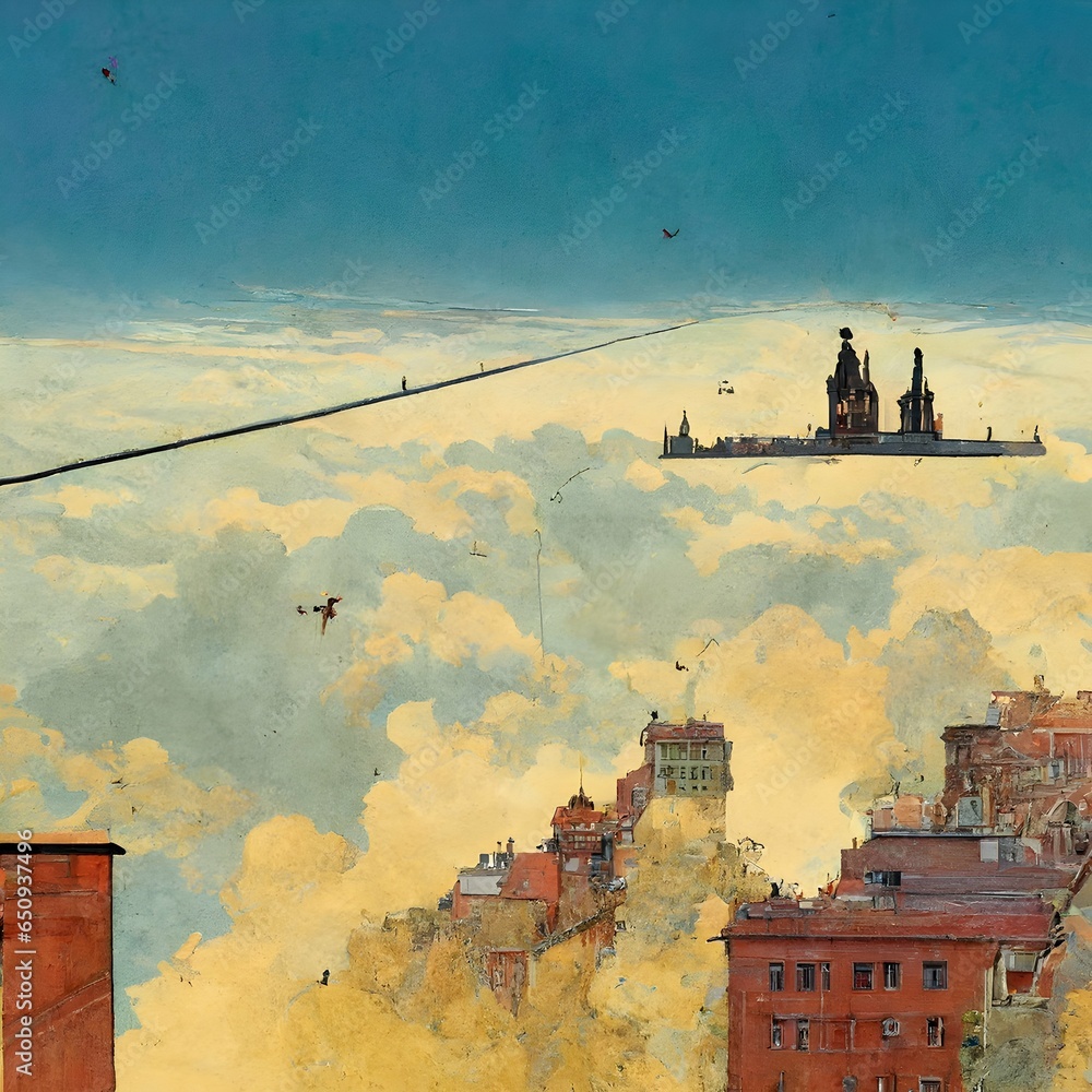Detailed colour drawing of Man flying over city rooftops looking down ...