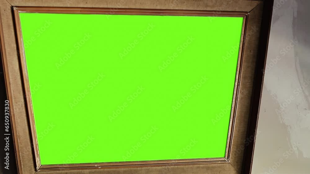 Wood Frame Mirror Green Screen. Close Up. You can replace green screen ...