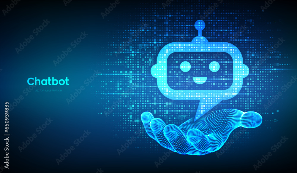 Robot chatbot head icon sign made with binary code in wireframe hand ...