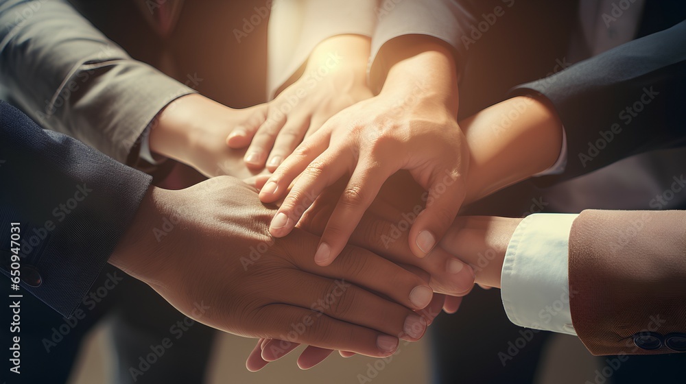 business Stack of hands Unity and teamwork concept ai generated Stock ...