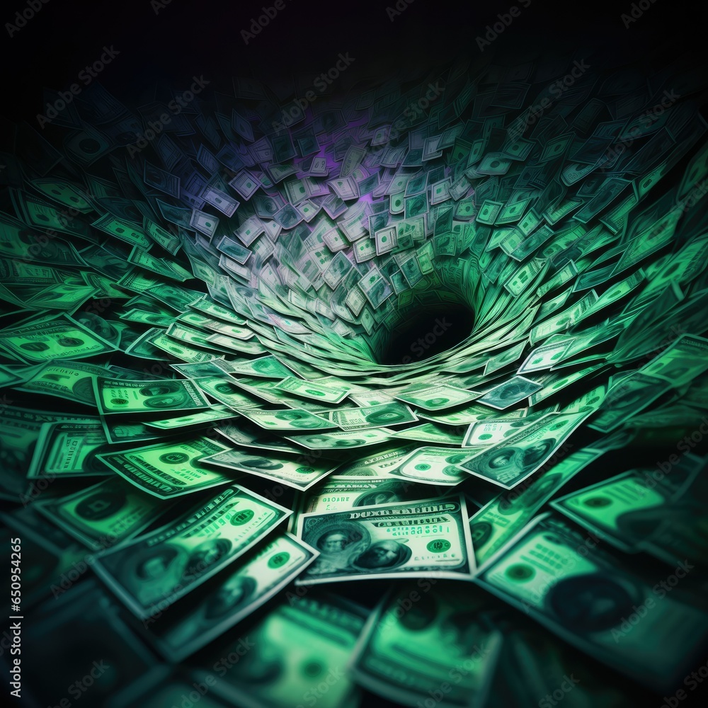 whirlpool vortex of money vanishing into black hole. generative AI ...