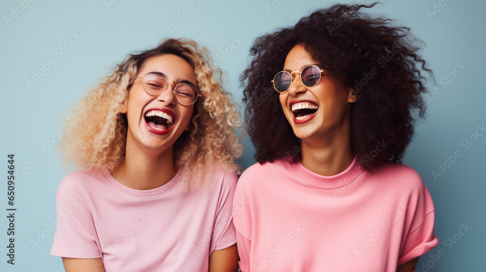 two female best friends laughing cheerfully in a clean background in a ...
