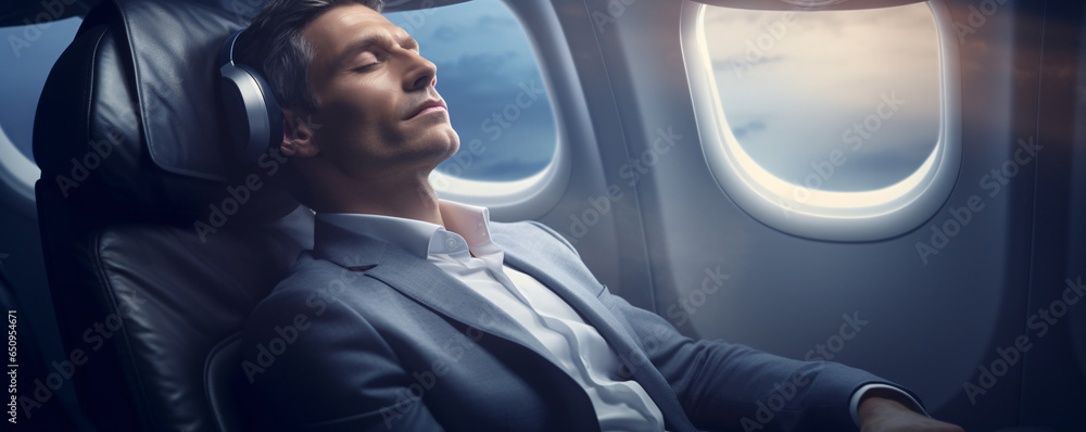 business person in the airplane window - business class seat on a ...