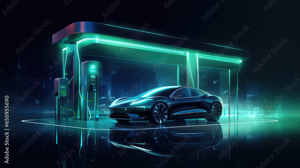 EV car in futuristic vehicle concept. Electric car charging station and ...