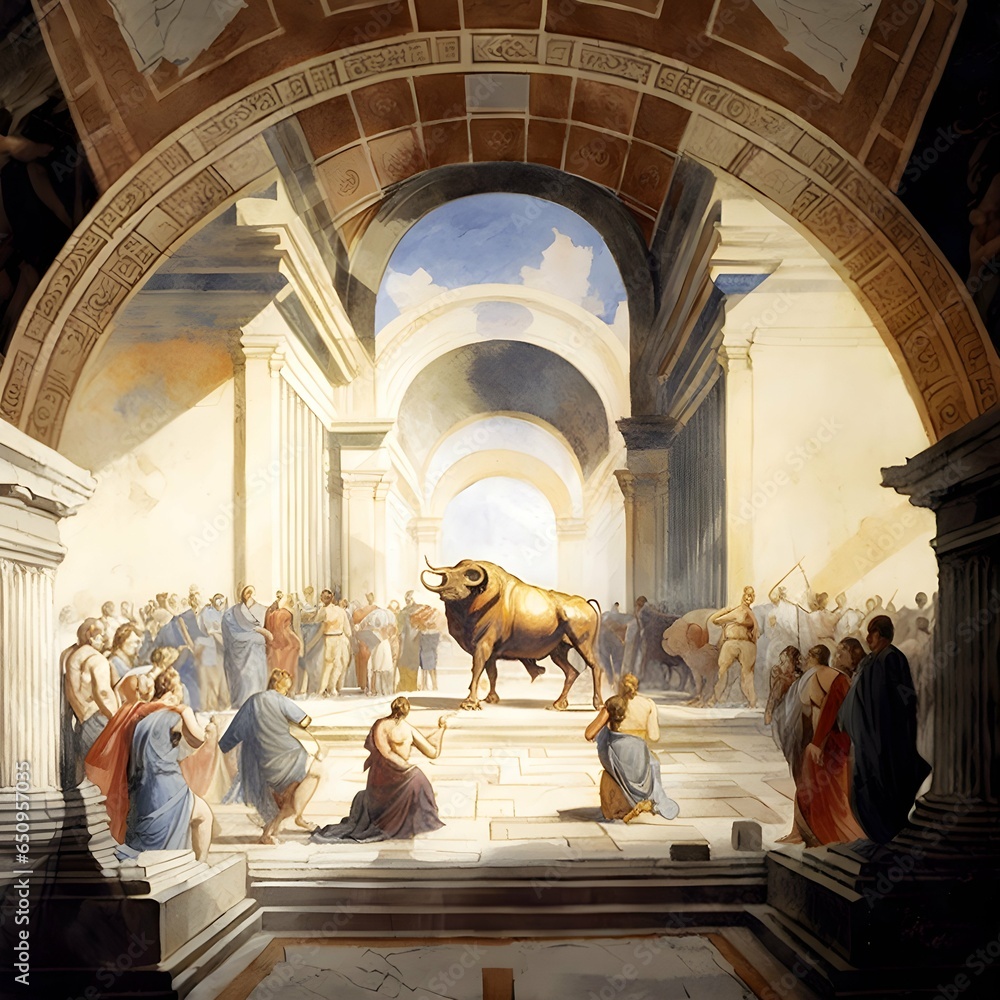 legendary bull in an old roman agora surrounded by people in the style ...
