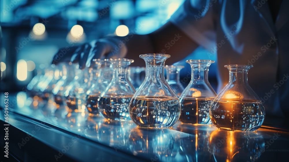 Flask test tubes with chemical laboratory tests stand on a glass table ...