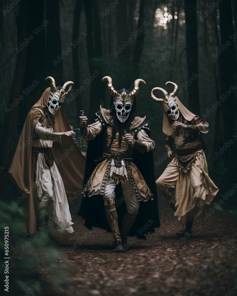 professional fashion photography three cultists with ivory horned masks ...