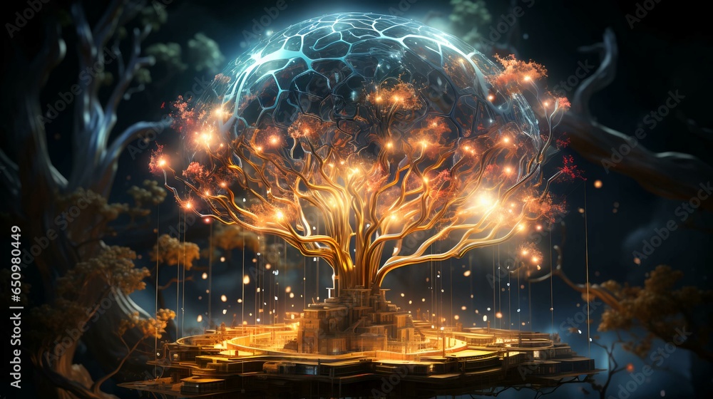 A glowing, high-tech tree in the shape of a human brain grows from a ...
