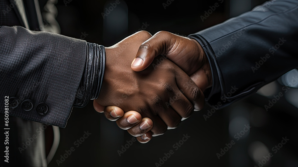 The act of businessmen making a handshake signifies greetings, dealings ...