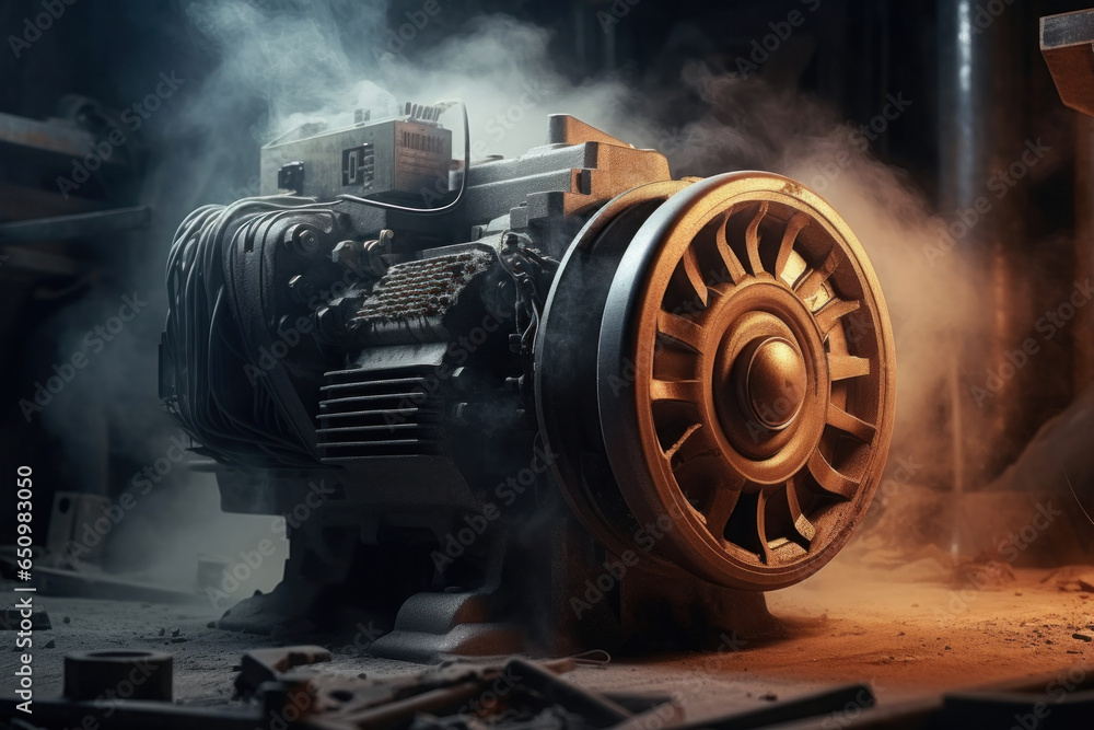 working electric motor, factory, dirty dusty motor, the motor is very ...