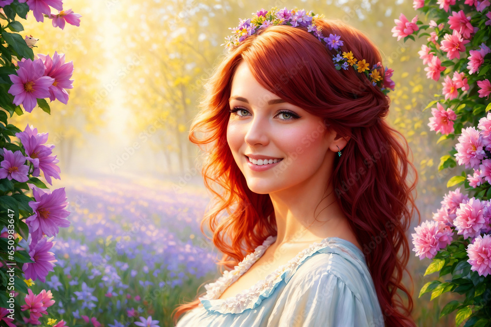portrait of a beautiful girl posing in nature, a bright sunny day in ...