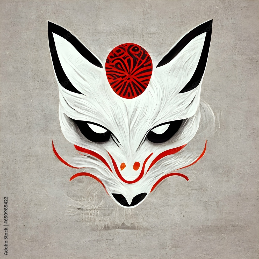 a logo with a black background of a white traditional Japanese kitsune ...