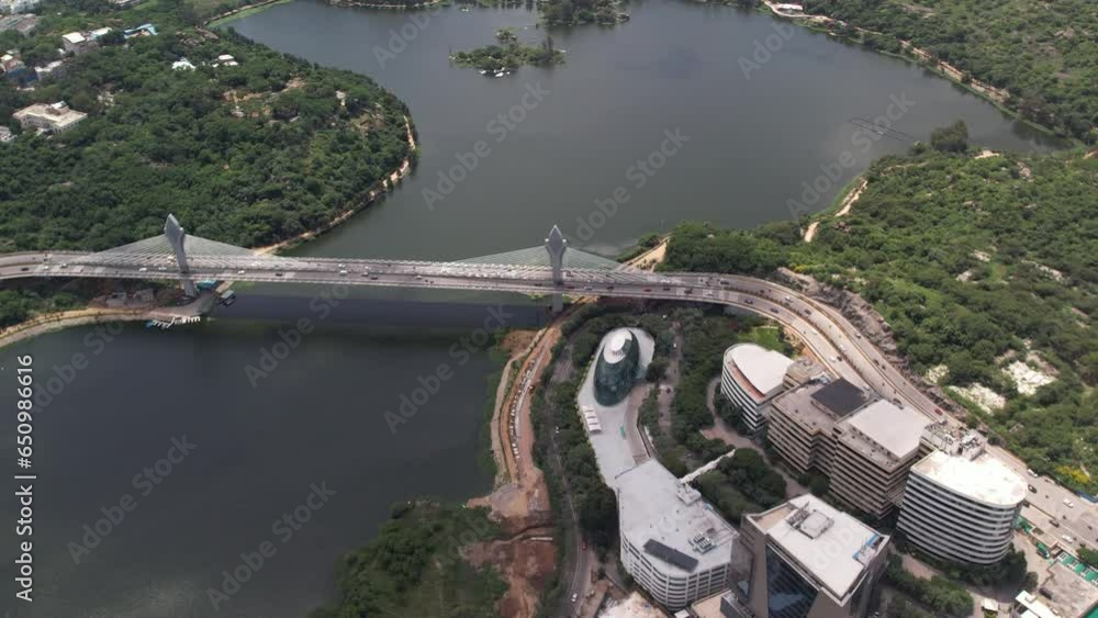 Aerial footage of the Durgam Cheruvu Cable Bridge Software Units Layout ...