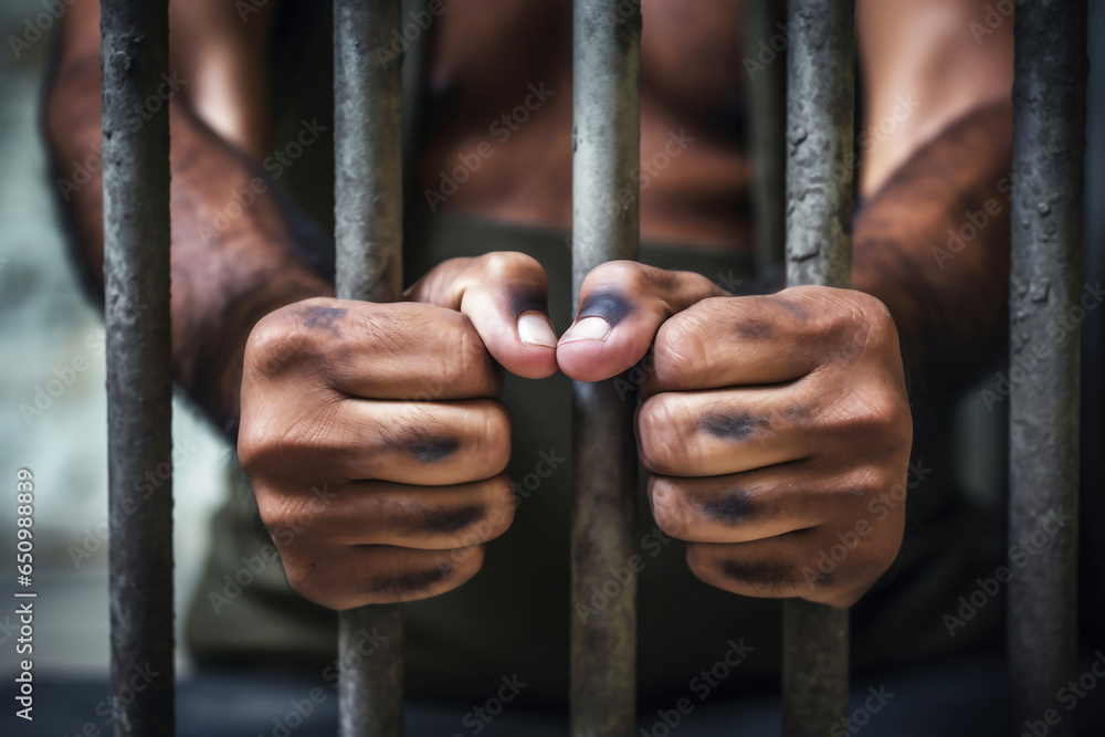 The male prisoner grabbed the prison bars with his hands. The pain and ...