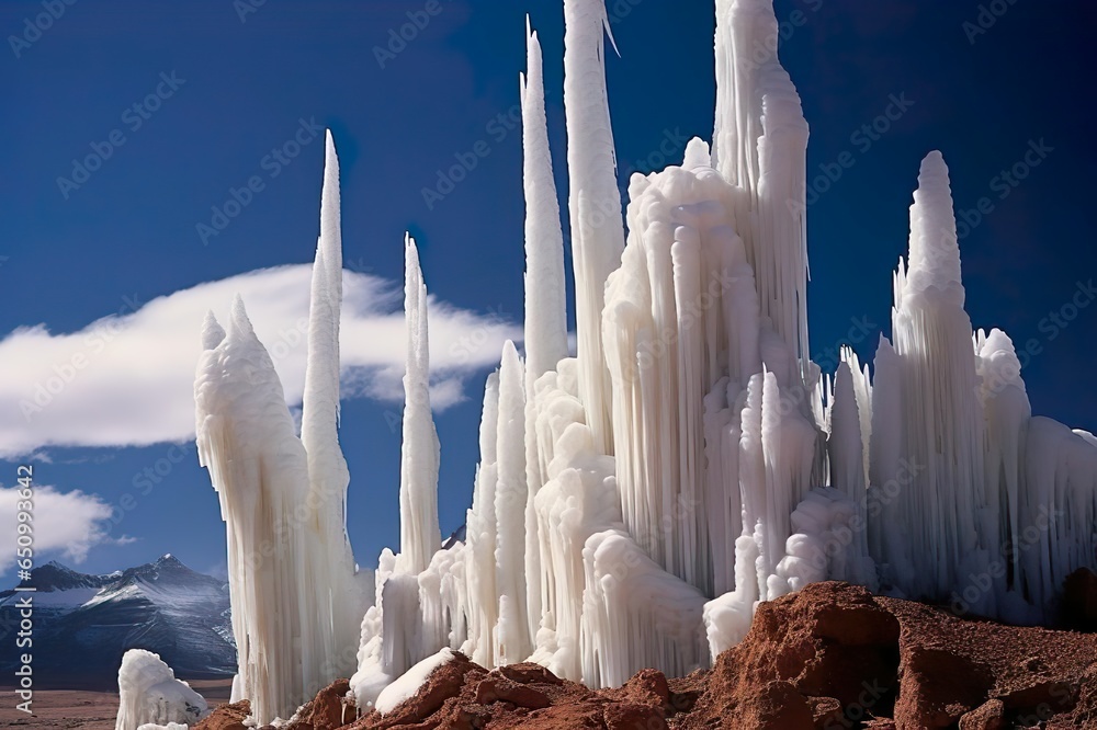 Penitentes: Uniquely-shaped ice formations resembling tall, thin spikes ...