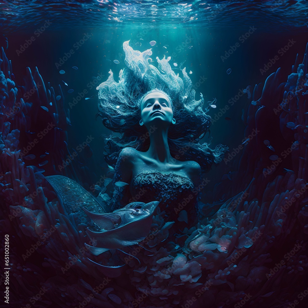 mermaid swimming under water with diamond reefs and oil cointaners 8k ...