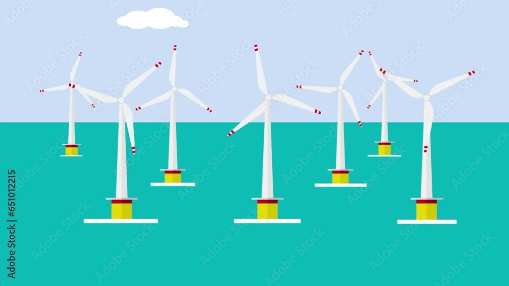Offshore wind farm, animated illustration of windmill park at sea ...
