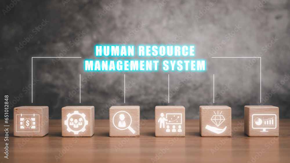 Human resource management system concept, Wooden block on desk with ...