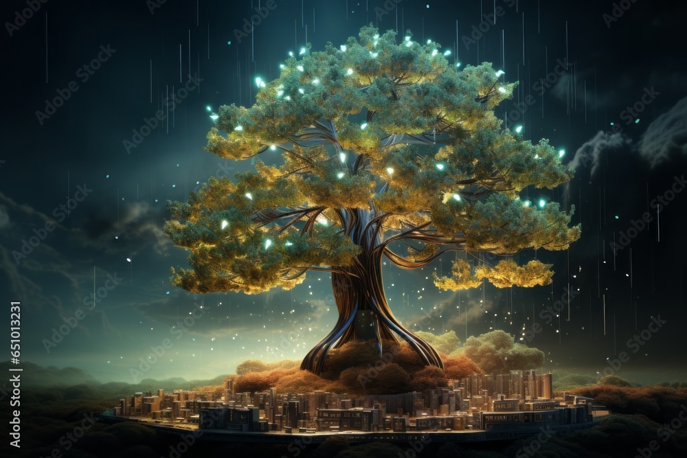 A surrealistic image of an AI-powered tree with digital leaves ...