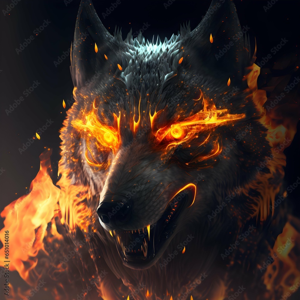 a huge black metal wolf eyes glow white and fire runs in ripples all ...