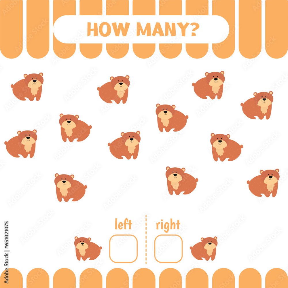 Worksheet for kids to learn left and right. Count game. .How many bears ...