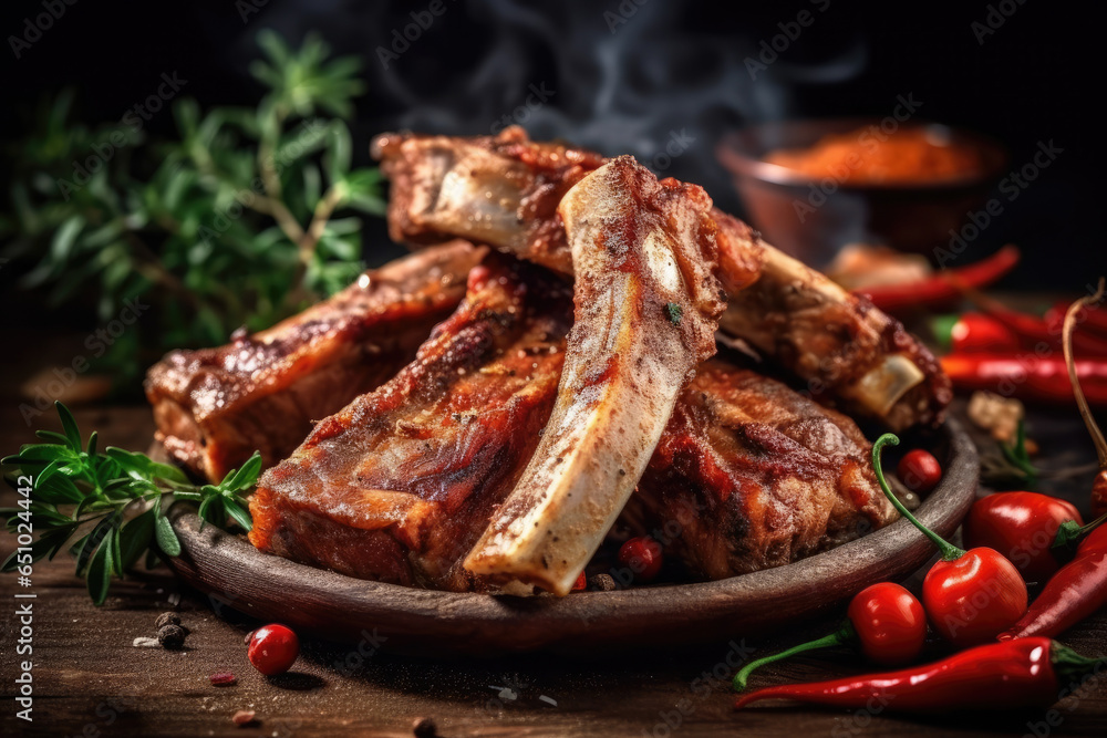 Foto de A stack of Lamb Ribs meat with smoke and pepper on the side ...