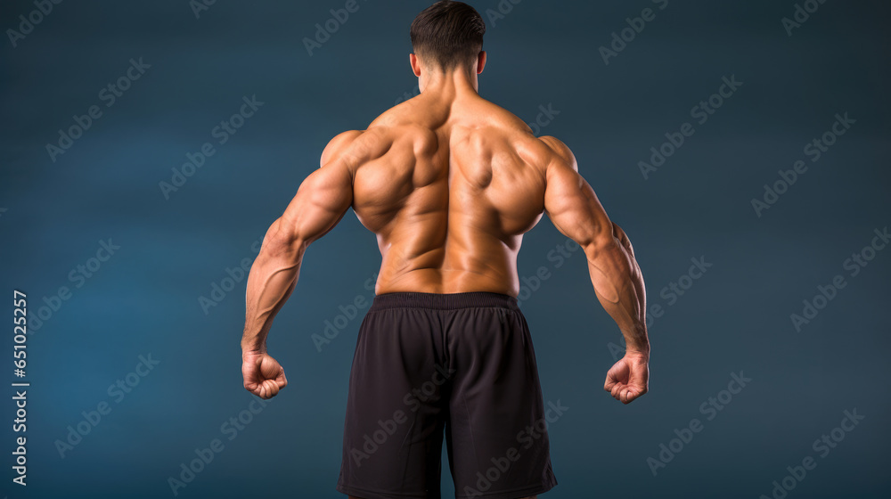 Shirtless body builder in a back and biceps pose, shot in a studio ...