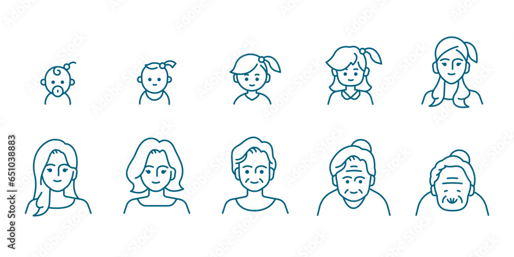 Female portrait at different ages, preschooler, kid, primary school ...