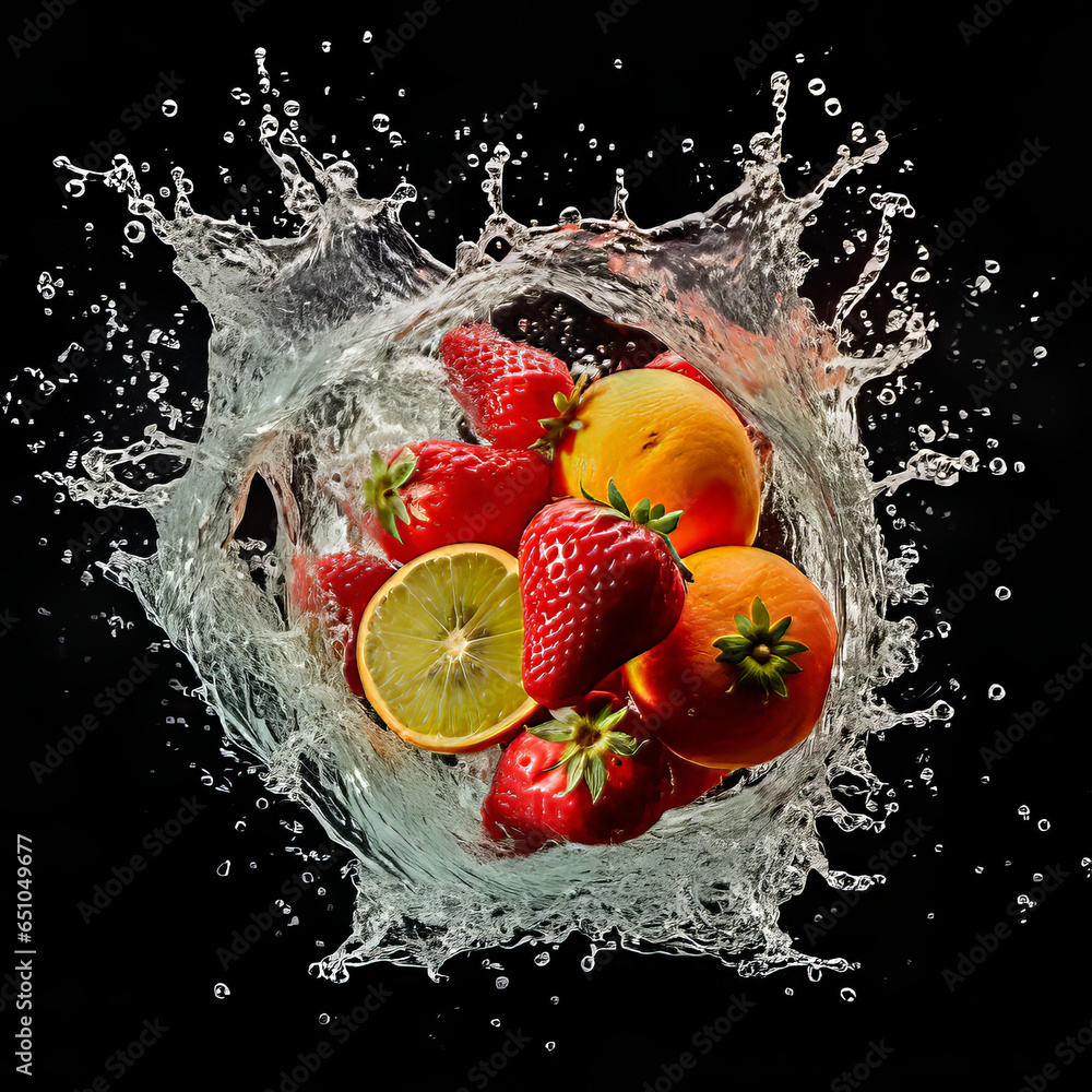 High Speed Photography of Falling Fruit and Water. Generative AI. A ...