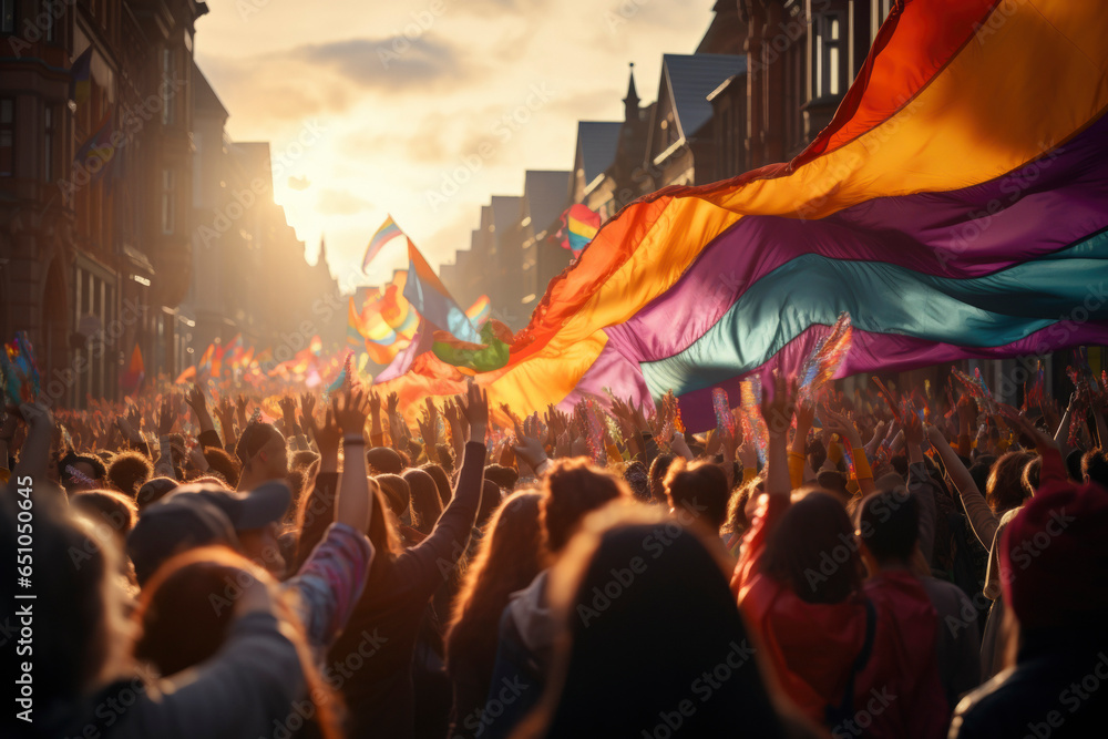 silhouette of a parade of gays and lesbians with a rainbow flag ...