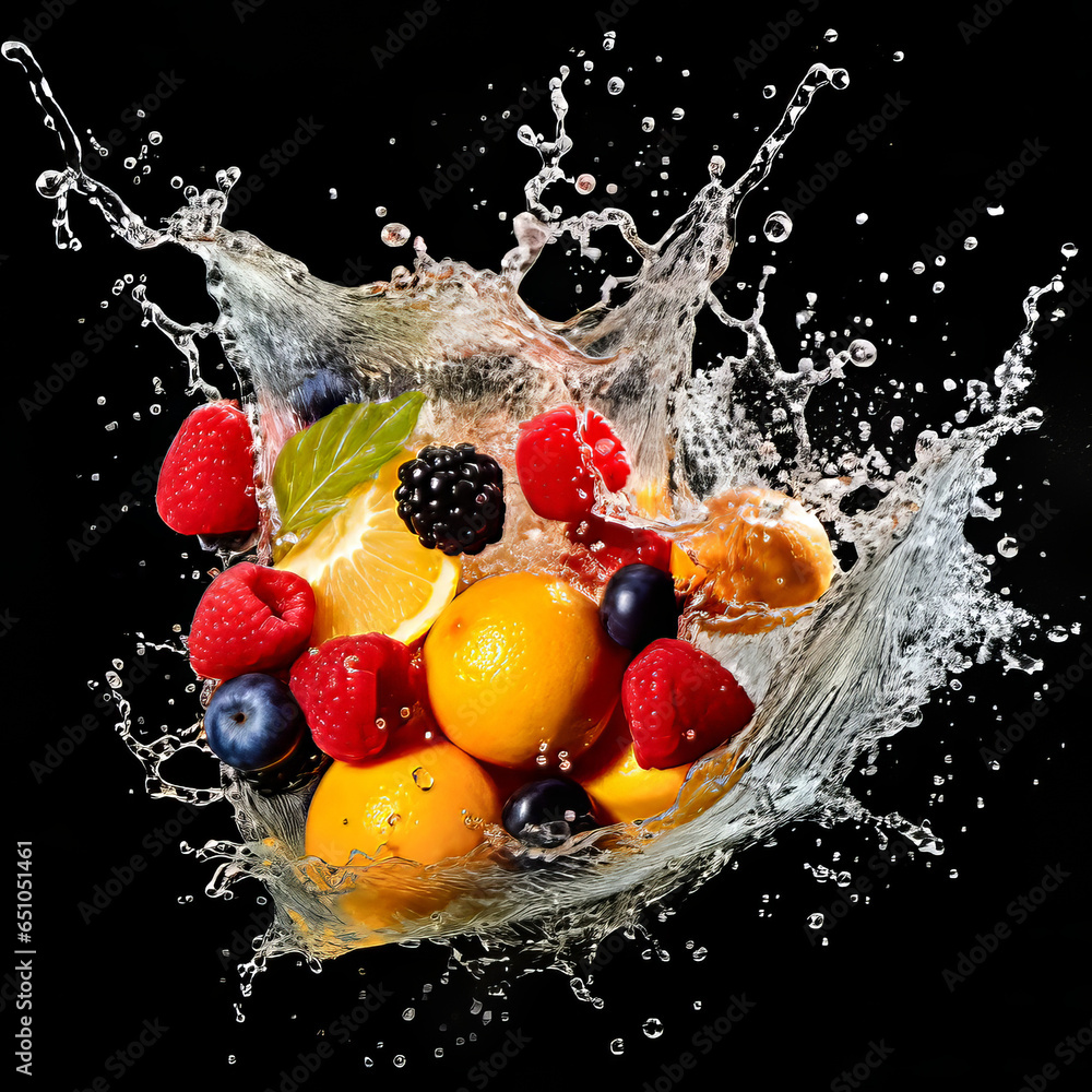 High Speed Photography of Falling Fruit and Water. Generative AI. A ...