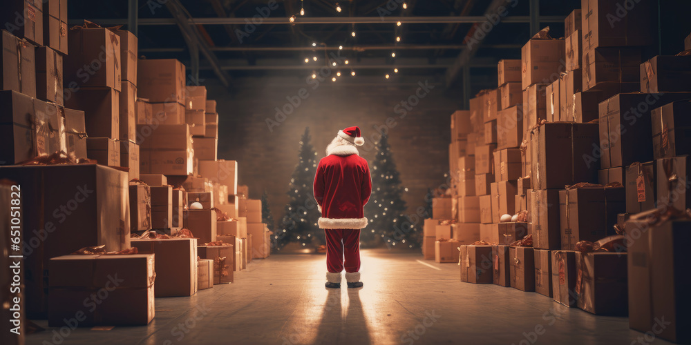Christmas gift delivery Santa Claus standing in shop warehouse storage ...