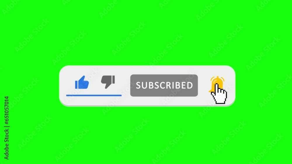 Animated like, subscribe, notification button with pixel pointing finger cursor. Chroma key ...