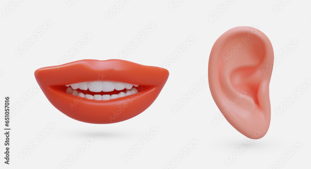 Realistic mouth and ear. Transfer of information. Smile. Listening ...