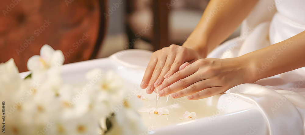 a hand receiving a luxurious spa treatment with a focus on nail care ...