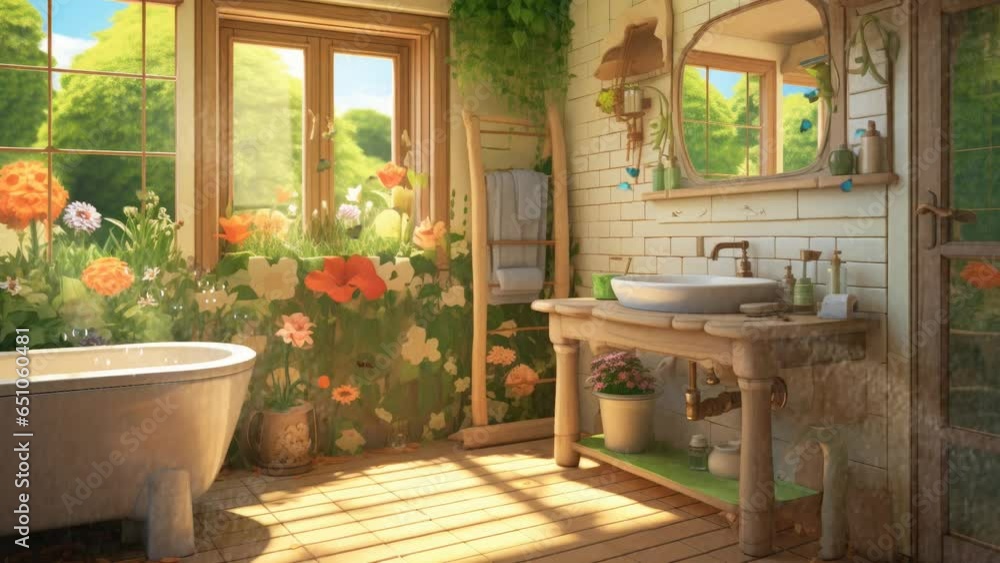 interior of a bathroom with a shower in summer season. animated ...