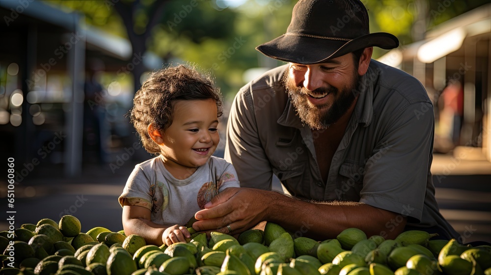 Father teaching child, son, daughter, picking fruit, open market stall ...