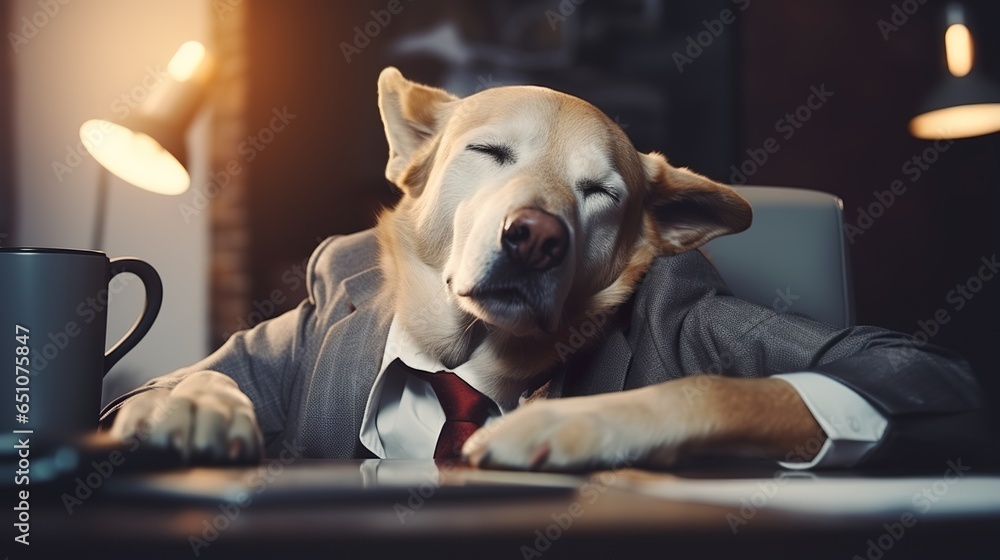 burnout dog in businessman suit at office desk. Stock Photo | Adobe Stock