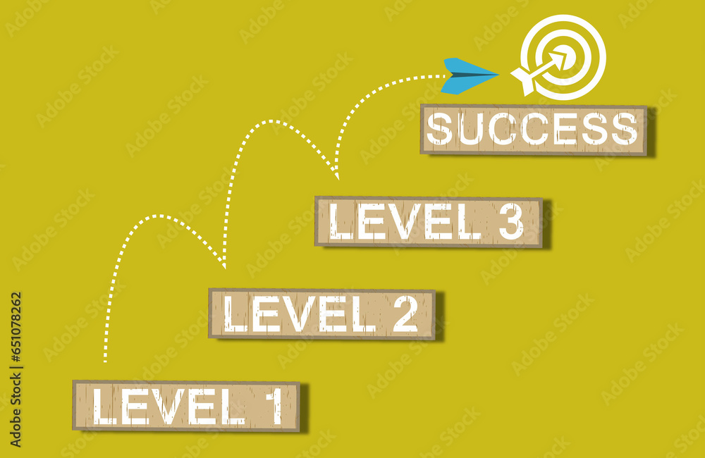 level 1,2,3 text on wooden block stair up success on top showing the ...