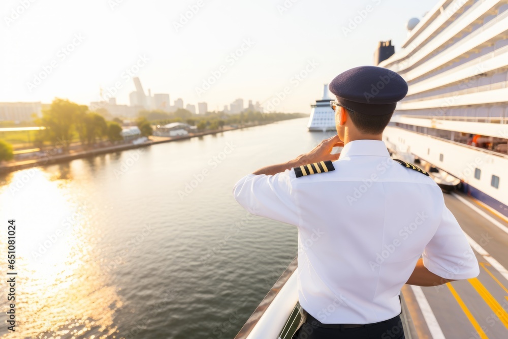 Back view happy excited young cheerful male man captain luxurious ...