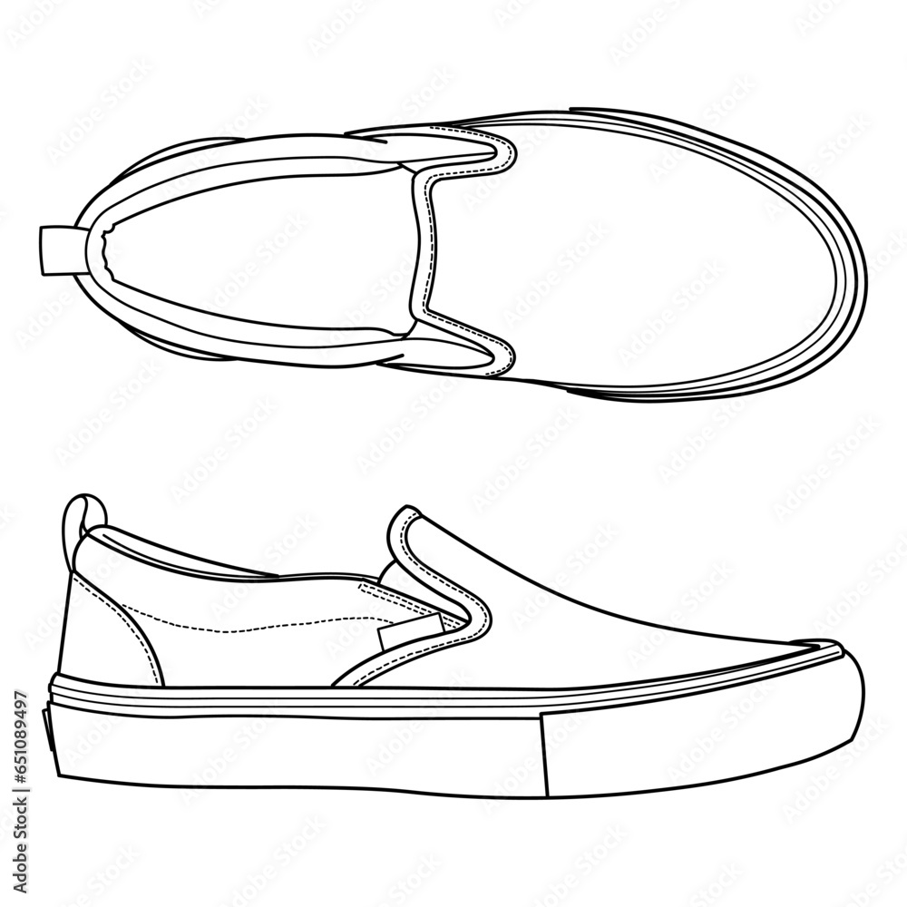 hand drawn sneakers, moccasin, slipon, gym shoes, side and sole view ...