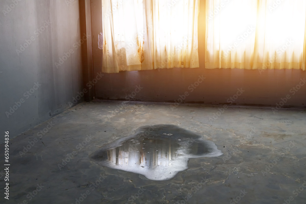 Close-up of spilled water leak on the floor of building. Wet floor from ...