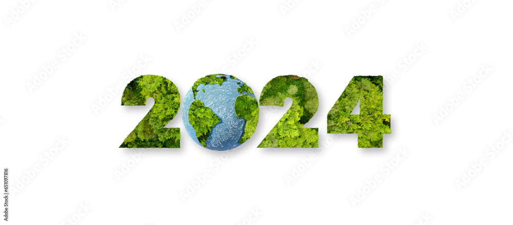 2024 numbers, in a shape of green forest, planet earth, 3d globe, on ...