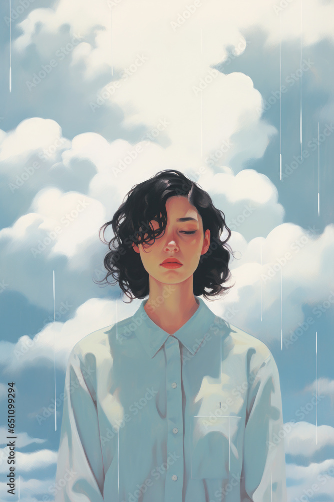 young woman standing in the rain crying hopeless with sad expression ...