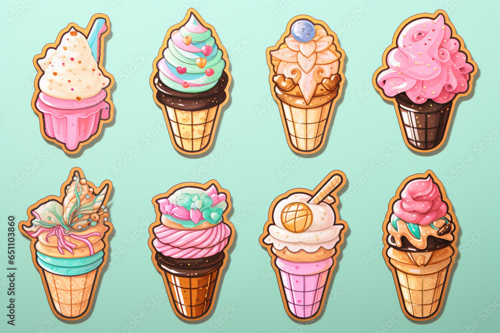 Ice cream Stickers, Flat cute ice cream cone sticker pack, A set of ice ... Ice cream Stickers, Flat cute ice cream cone sticker pack, A set of ice ...